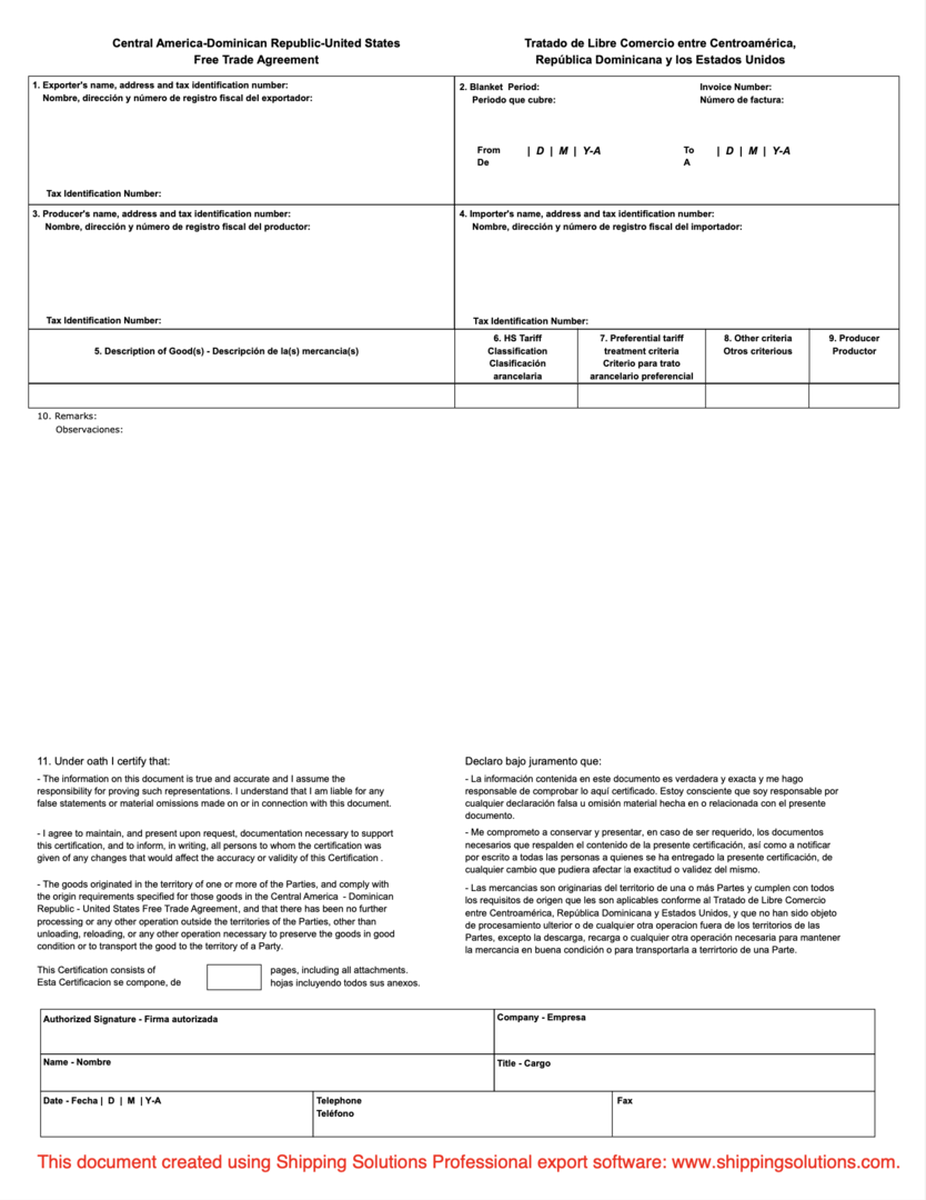 U.S. -CAFTA-DR Certificate of Origin