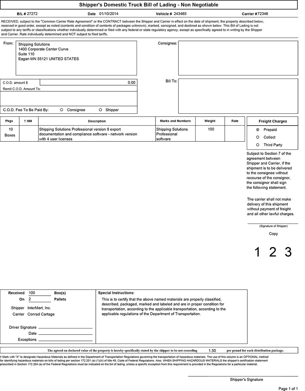 Inland Bill of Lading Sample