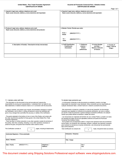 U.S.–Peru Certificate of Origin
