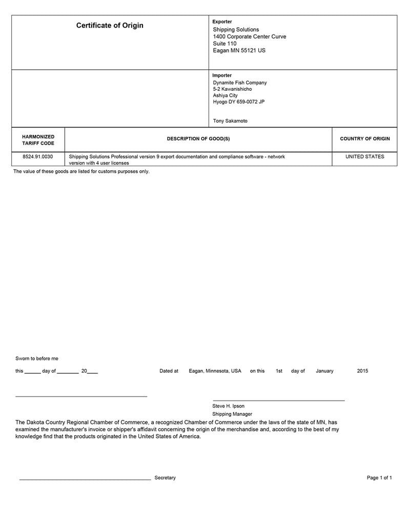 Certificate of Origin Sample