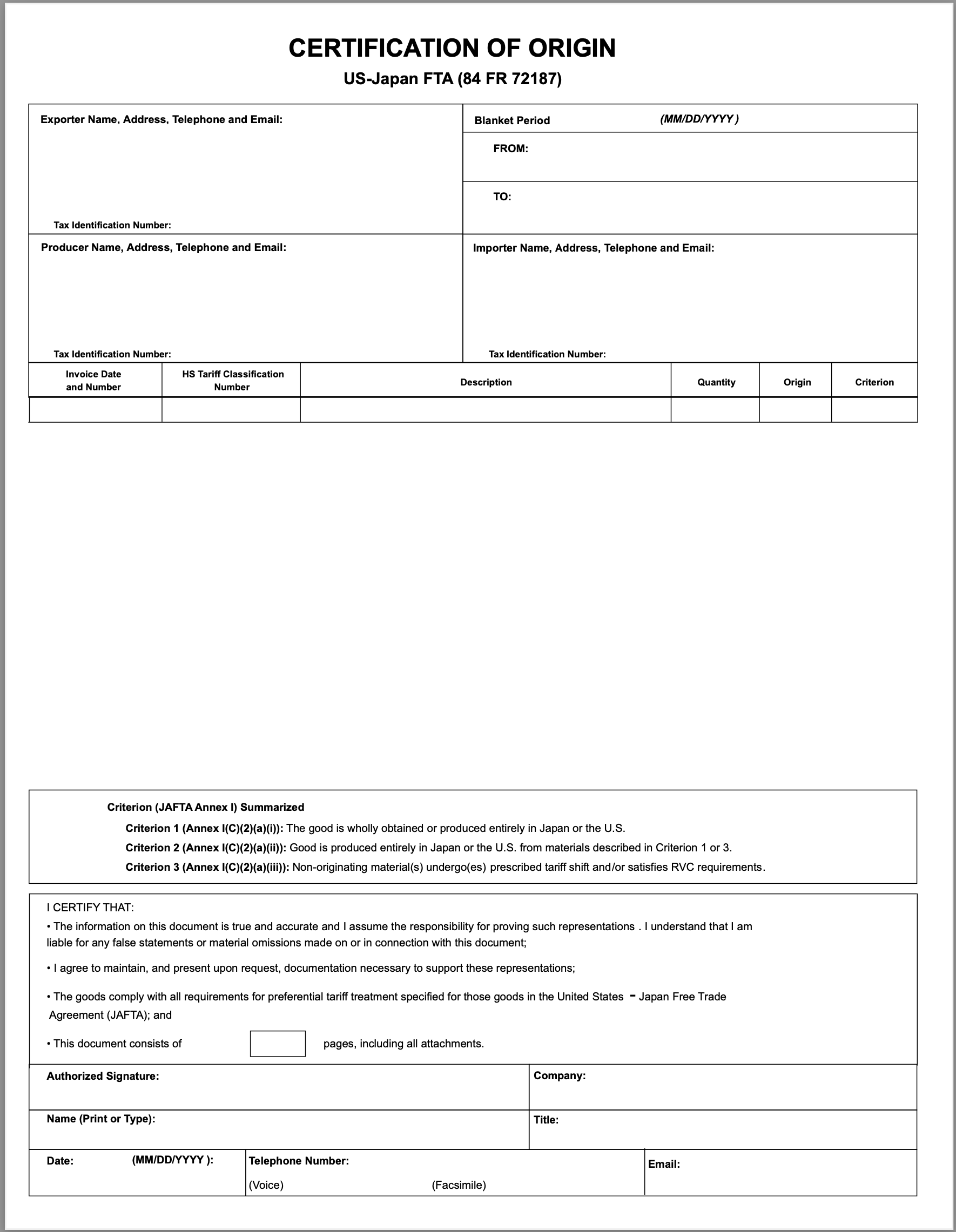 U.S.–Japan Certificate of Origin